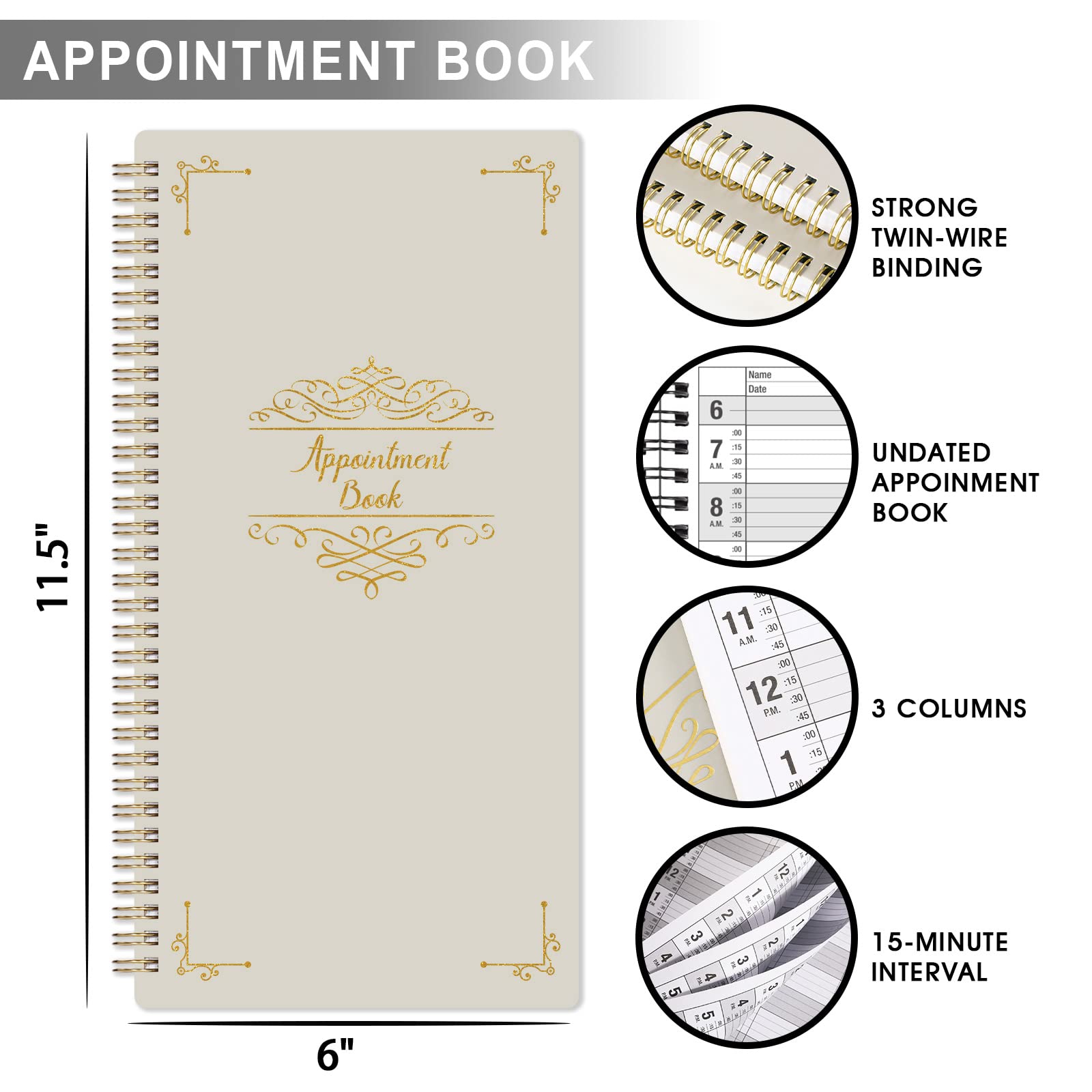 Appointment Book – Undated Salon Appointment Book, Daily＆Hourly Schedule Book with 200 Pages, 6 AM - 9 PM, 15 Minute Intervals Day Planner, 6’’ x 11.5’’, 3 Column, Twin-Wire Binding, Hardcover