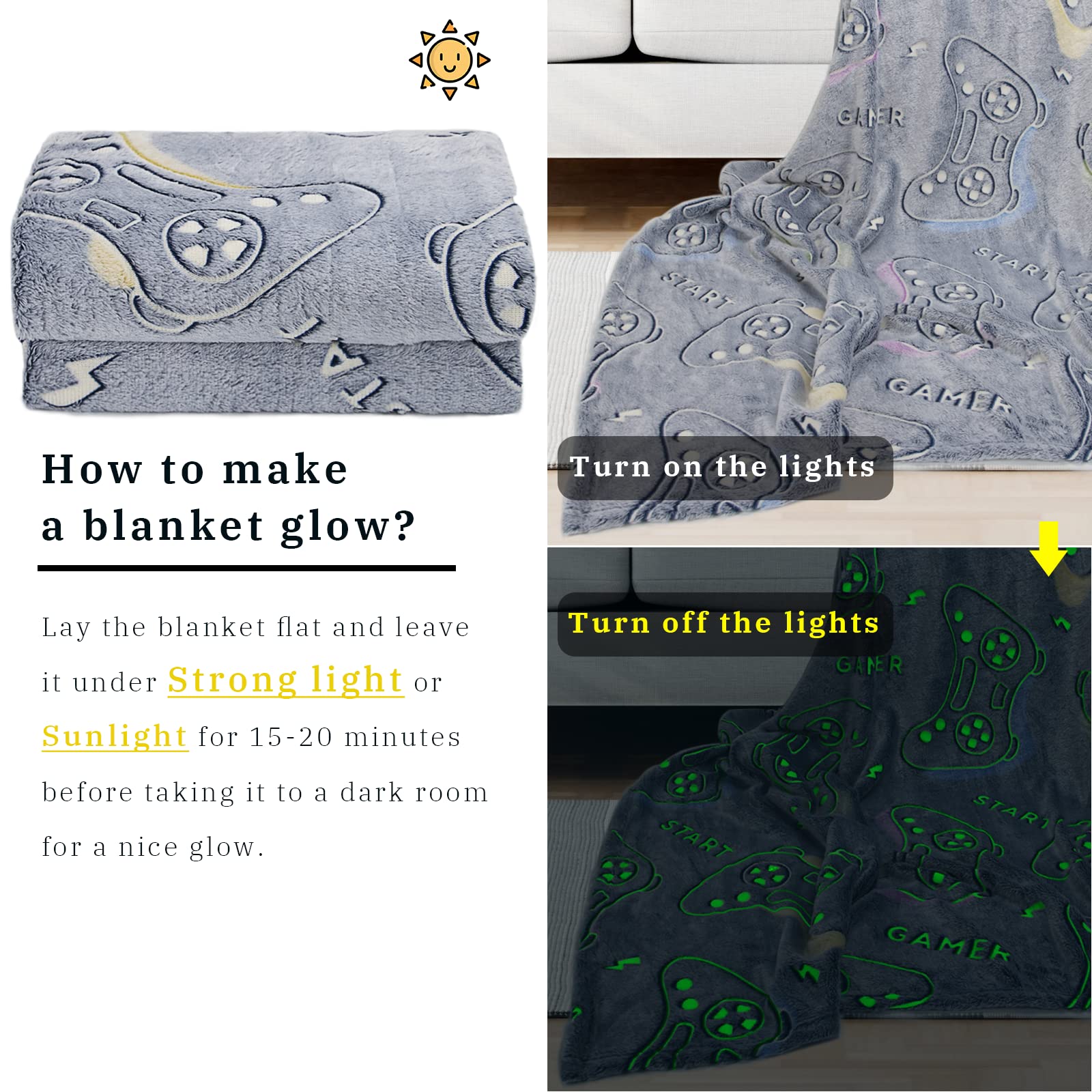 Glow in The Dark Blanket Game Controller Throw Blanket, Toys for Kids Boyfriend, Boys Teen Soft Cozy Gaming Blanket Gamer Gifts Game Decor Blankets for Home Bedroom 50"x60"