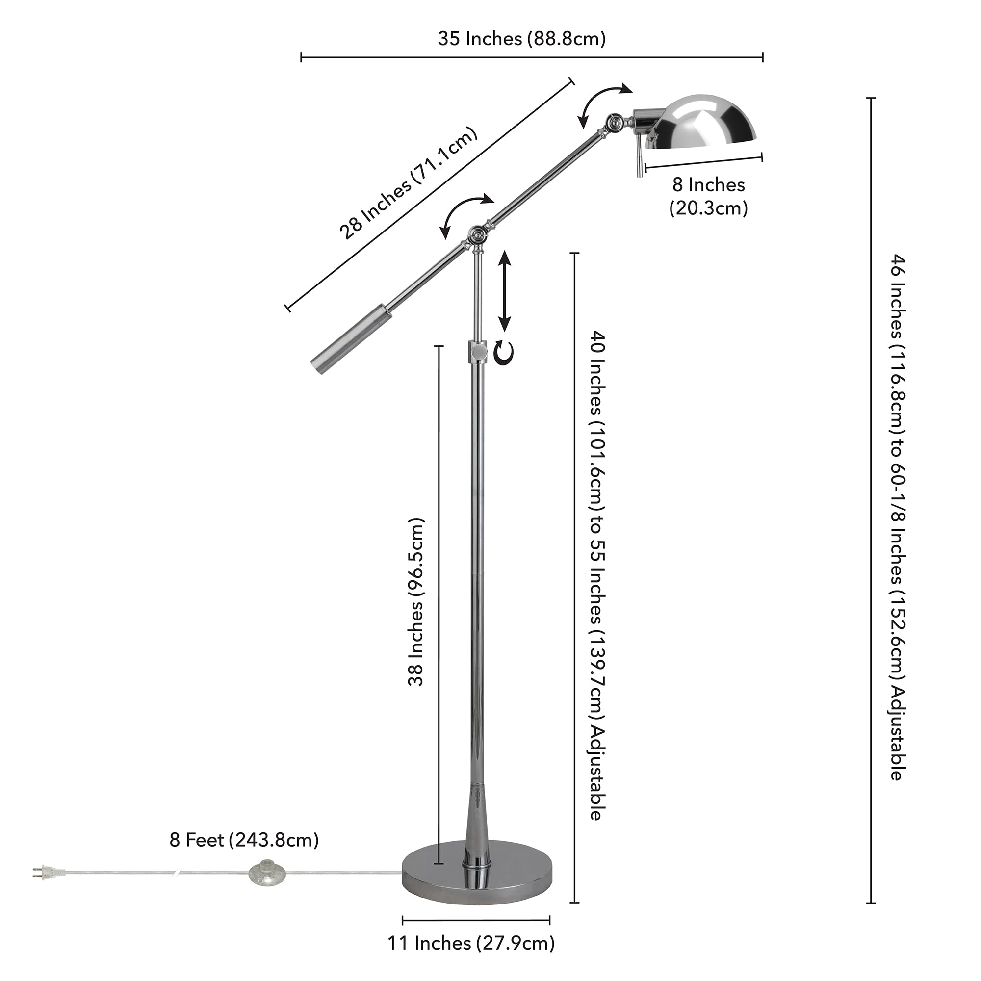 Henn&Hart Height Adjustable/Tilting Floor Lamp with Metal Shade in Polished Nickel, for Home, Living Room, Bedroom, Entertainment Room, Office, Kitchen, Dining