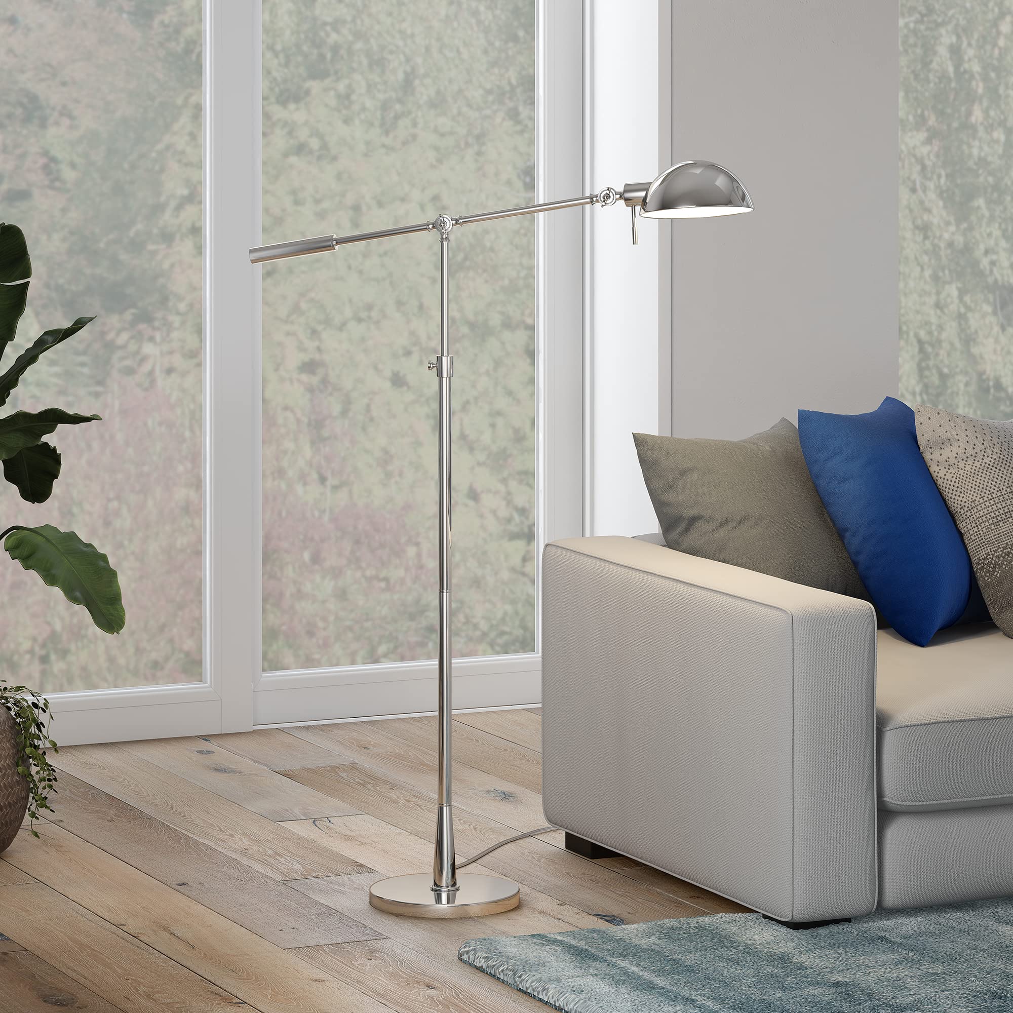 Henn&Hart Height Adjustable/Tilting Floor Lamp with Metal Shade in Polished Nickel, for Home, Living Room, Bedroom, Entertainment Room, Office, Kitchen, Dining