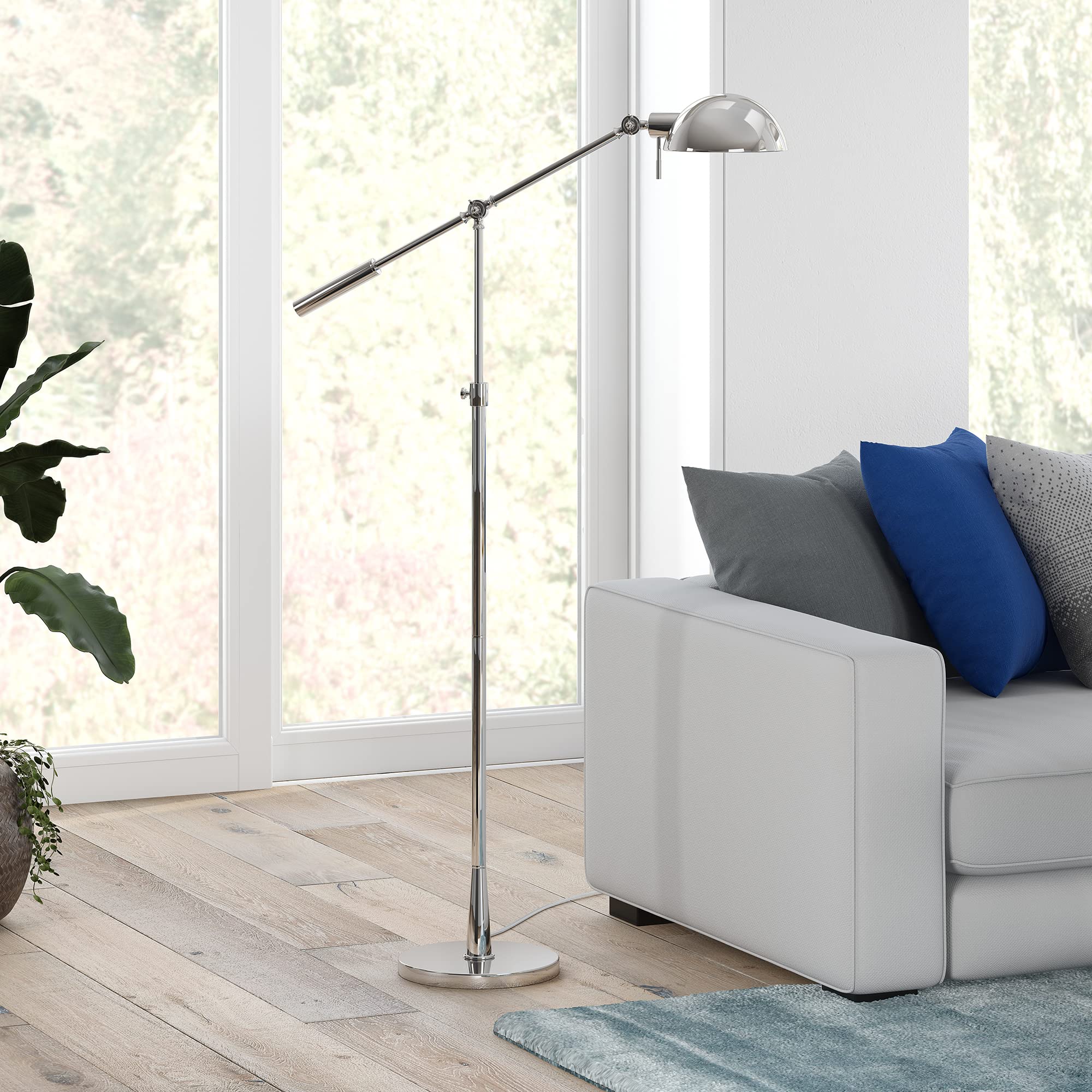 Henn&Hart Height Adjustable/Tilting Floor Lamp with Metal Shade in Polished Nickel, for Home, Living Room, Bedroom, Entertainment Room, Office, Kitchen, Dining