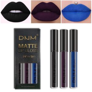 cahiuyoa 3pcs dark black blue purple matte liquid lipstick lip stain lip gloss makeup set,dnm non stick cup long lasting smudge proof waterproof lipstick labial mate larga duracion 24 (set07)