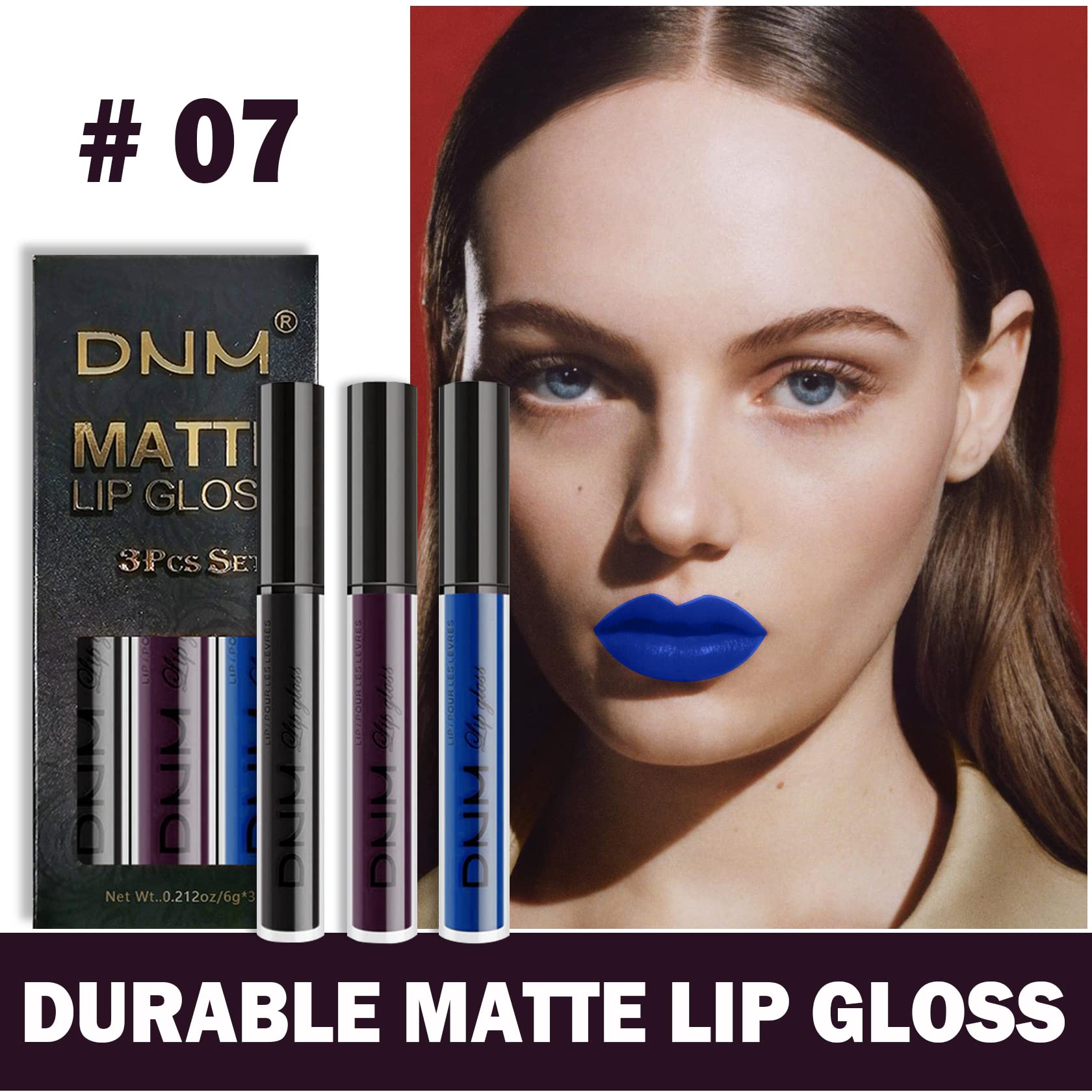 CAHIUYOA 3Pcs Dark Black Blue Purple Matte Liquid Lipstick Lip Stain Lip Gloss Makeup Set,DNM Non Stick Cup Long Lasting Smudge Proof Waterproof Lipstick labial mate larga duracion 24 (Set07)