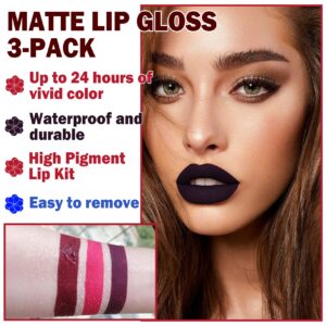 CAHIUYOA 3Pcs Dark Black Blue Purple Matte Liquid Lipstick Lip Stain Lip Gloss Makeup Set,DNM Non Stick Cup Long Lasting Smudge Proof Waterproof Lipstick labial mate larga duracion 24 (Set07)