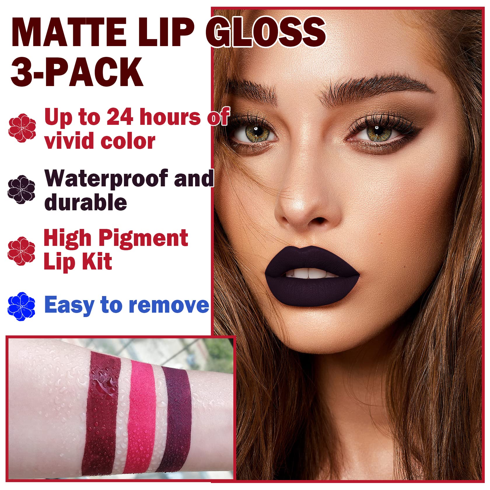 CAHIUYOA 3Pcs Dark Black Blue Purple Matte Liquid Lipstick Lip Stain Lip Gloss Makeup Set,DNM Non Stick Cup Long Lasting Smudge Proof Waterproof Lipstick labial mate larga duracion 24 (Set07)