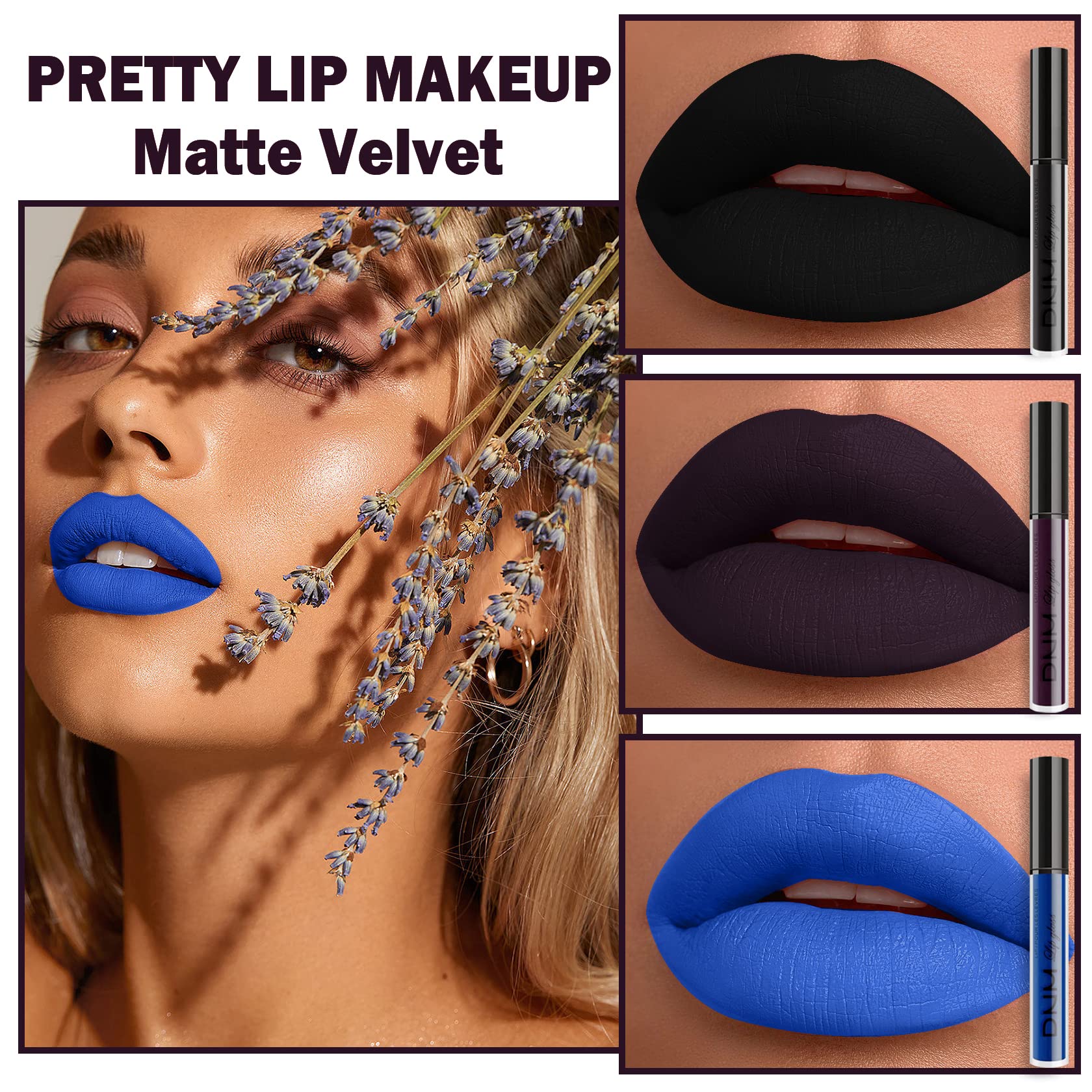 CAHIUYOA 3Pcs Dark Black Blue Purple Matte Liquid Lipstick Lip Stain Lip Gloss Makeup Set,DNM Non Stick Cup Long Lasting Smudge Proof Waterproof Lipstick labial mate larga duracion 24 (Set07)