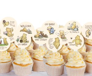 winnie quotations cupcake toppers 48 pcs 12 designs classic pooh baby shower decorations cute 1 st birthday party supplies for kids dessert favor