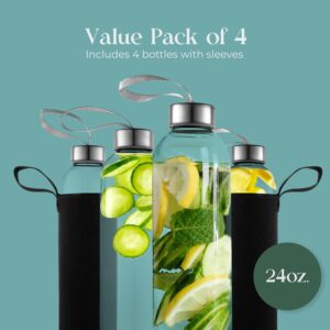 Kitchen Lux 24oz Glass Water Bottles – Pack of 4 – Nylon Protective Sleeves, Airtight Screw Top Lids, Portable Carrying Loops - Lead, PVC and BPA Free - Water, Smoothie, Juicer, and Beverage Glasses