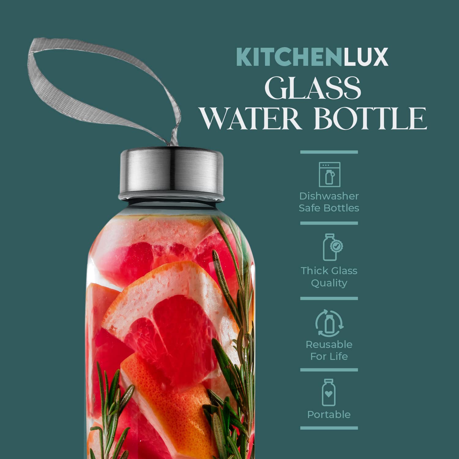 Kitchen Lux 24oz Glass Water Bottles – Pack of 4 – Nylon Protective Sleeves, Airtight Screw Top Lids, Portable Carrying Loops - Lead, PVC and BPA Free - Water, Smoothie, Juicer, and Beverage Glasses