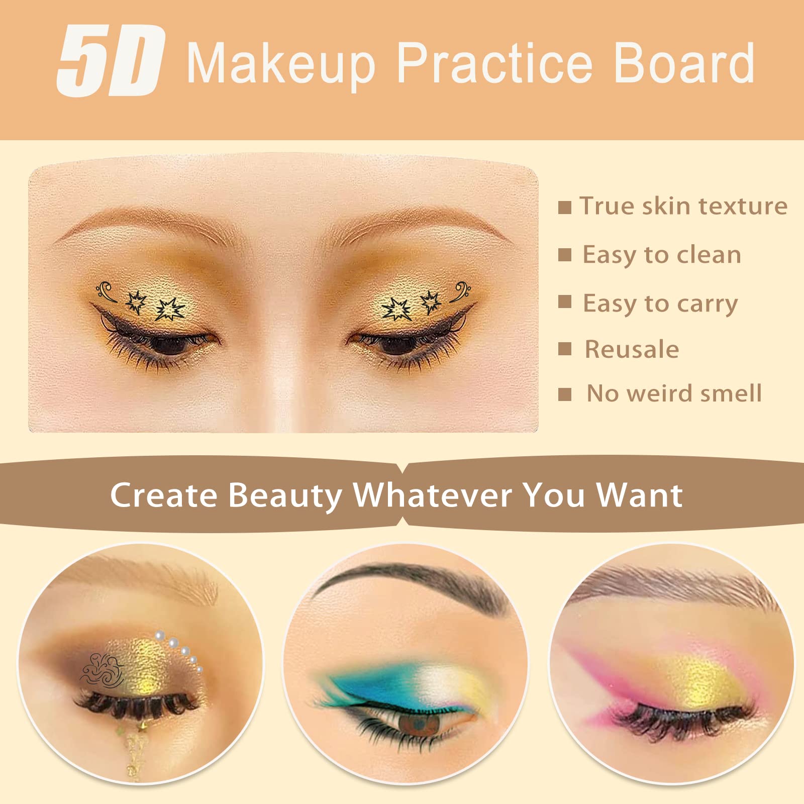 Makeup Practice Face, Silicone Makeup Practice Board, Face Eyes Makeup Mannequin for Makeup Artists and Beginners, with Makeup Brushes and 165Pcs Pearl Stickers (Bright)