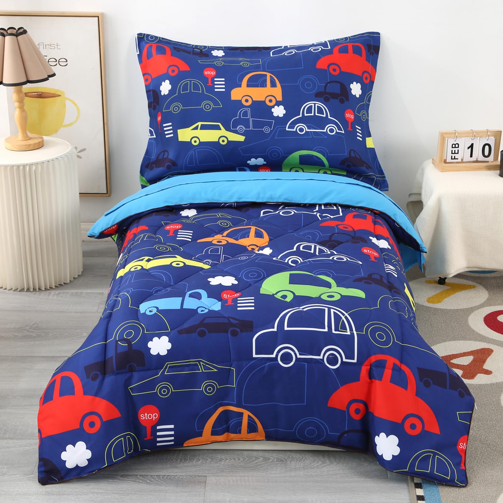 Wowelife Toddler Bedding Sets for Boys, 4 Piece Blue Car Toddler Bed Set with Comforter, Flat Sheet, Fitted Sheet and Pillowcase