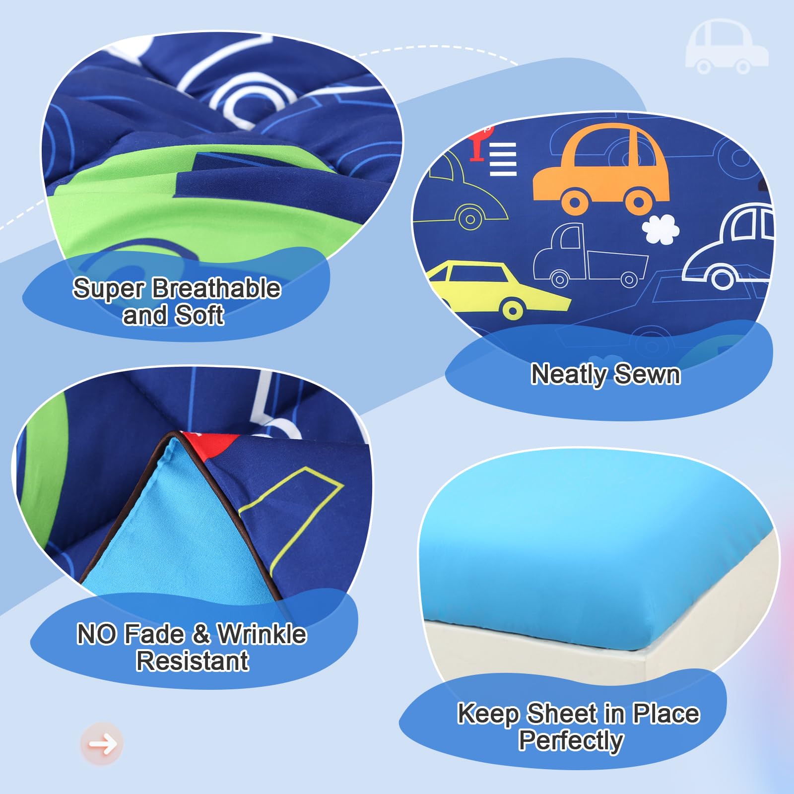 Wowelife Toddler Bedding Sets for Boys, 4 Piece Blue Car Toddler Bed Set with Comforter, Flat Sheet, Fitted Sheet and Pillowcase