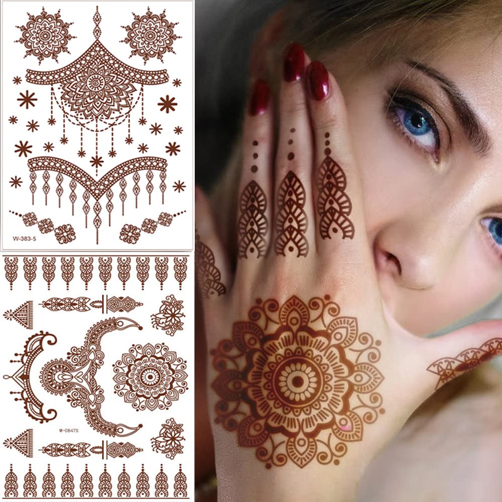 FULANSI Brown Henna Tattoos Stickers 6 Sheets Henna Temporary Tattoos Lace Mystery Sexy Mandala Flower Design Body Art Waterproof Fake Tattoos Henna Stickers for Women Body Face Arm Legs Decor