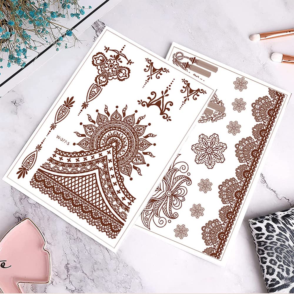 FULANSI Brown Henna Tattoos Stickers 6 Sheets Henna Temporary Tattoos Lace Mystery Sexy Mandala Flower Design Body Art Waterproof Fake Tattoos Henna Stickers for Women Body Face Arm Legs Decor