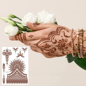 FULANSI Brown Henna Tattoos Stickers 6 Sheets Henna Temporary Tattoos Lace Mystery Sexy Mandala Flower Design Body Art Waterproof Fake Tattoos Henna Stickers for Women Body Face Arm Legs Decor