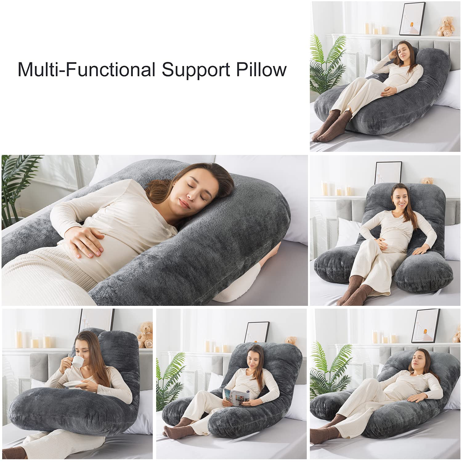 WhatsBedding Pregnancy Pillows for Sleeping,Memory Foam Filling U Shaped Pregnancy Pillows Full Body Pillow for Pregnancy with Velvet Cover (55 inches, Dark Grey)