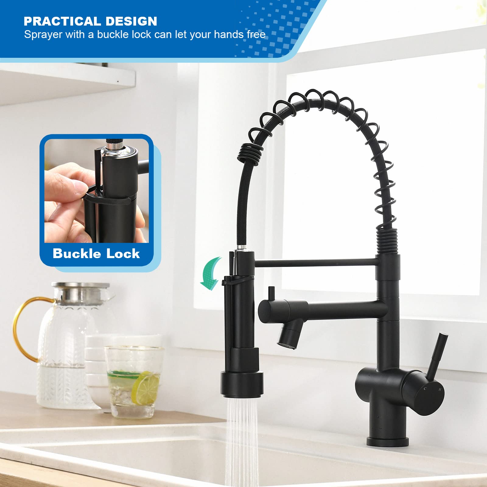 Commercial Faucet with Sprayer, VFAUOSIT Black Kitchen Faucet with Pot Filler Single Handle Lever Pull Down Sprayer Kitchen Sink Faucet, Stainless Steel Faucet for Kitchen Sink, RV Farmhouse