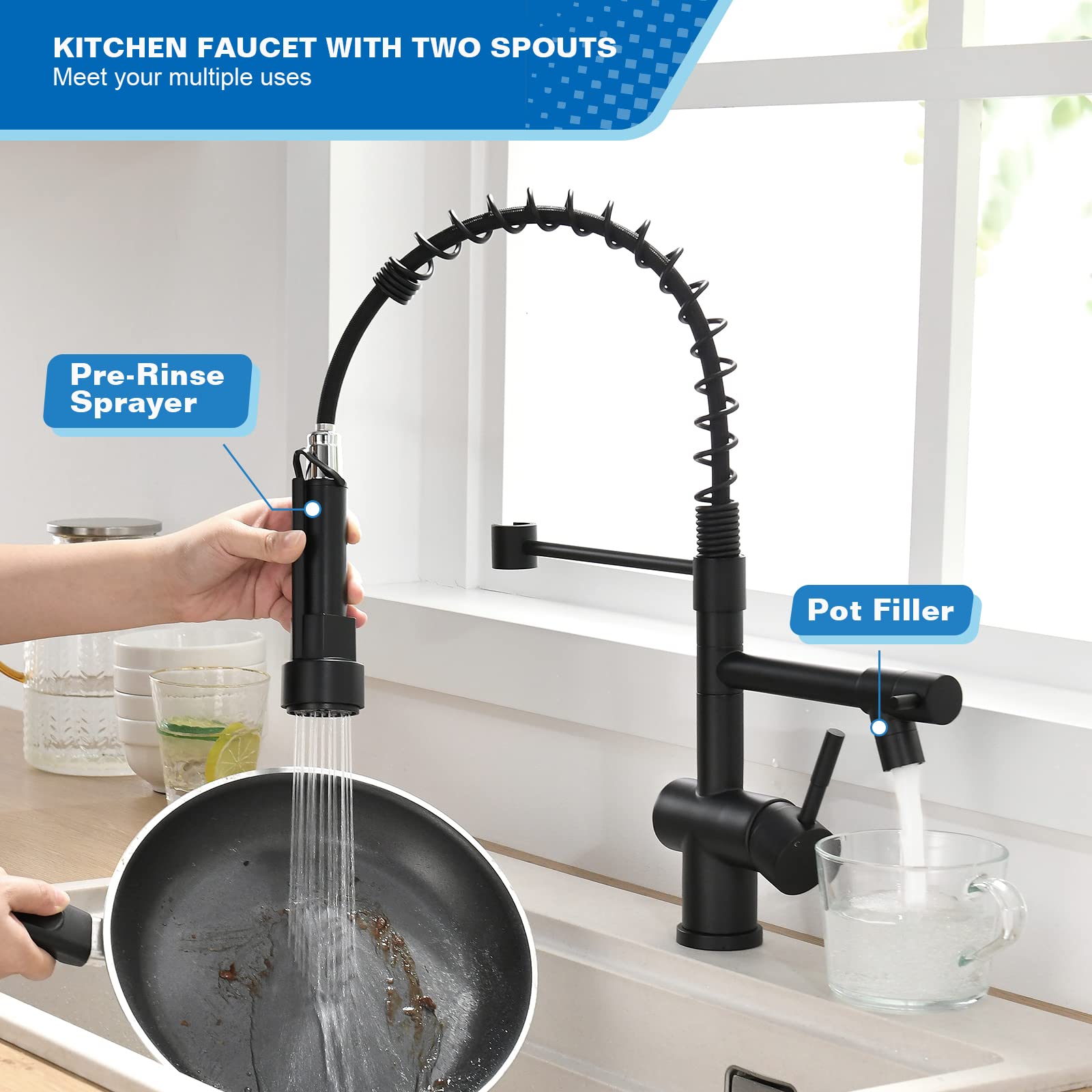 Commercial Faucet with Sprayer, VFAUOSIT Black Kitchen Faucet with Pot Filler Single Handle Lever Pull Down Sprayer Kitchen Sink Faucet, Stainless Steel Faucet for Kitchen Sink, RV Farmhouse