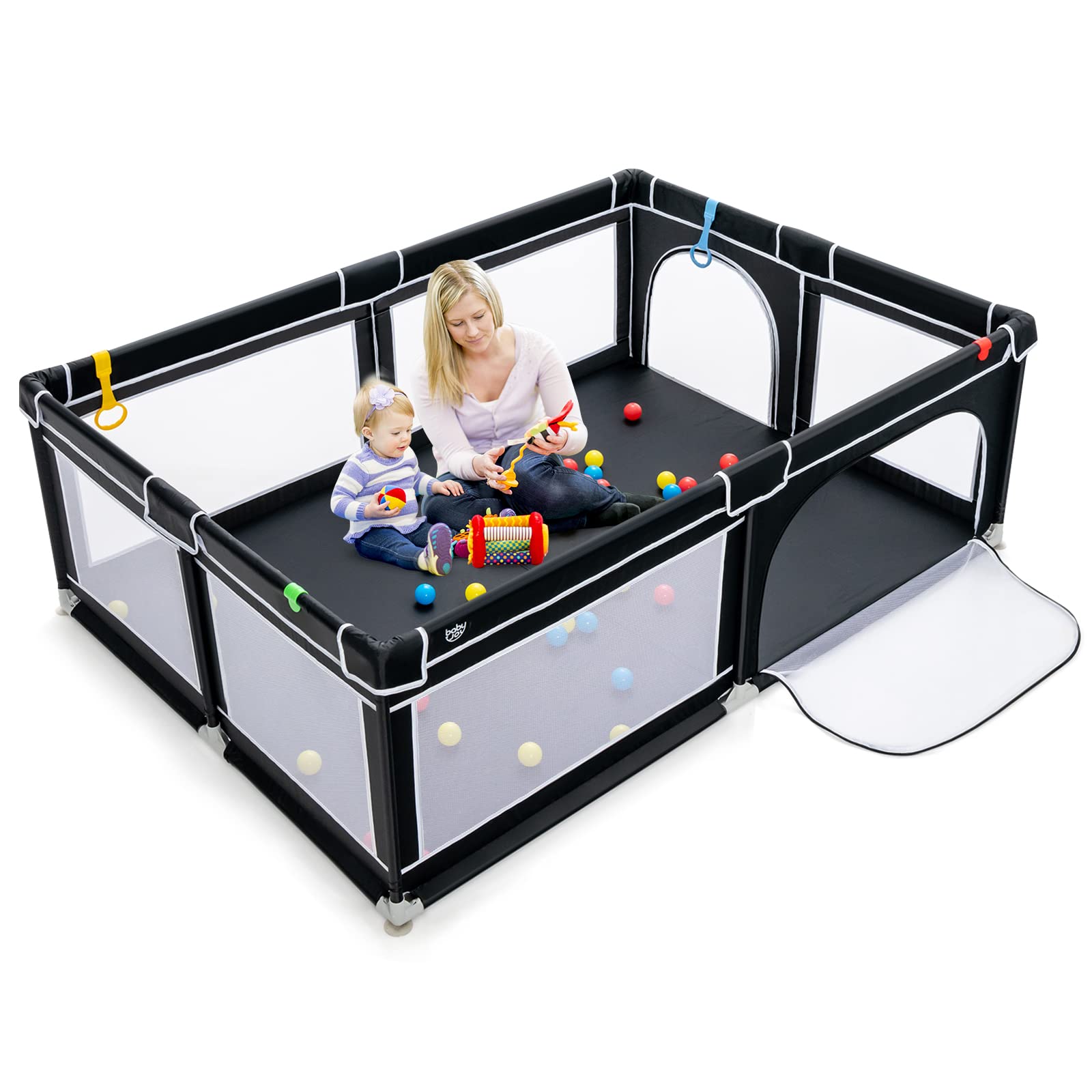 GLACER Baby Playpen 81"x59", Extra Large Playard with Gate, Non-Slip Design Base, Indoor & Outdoor Kids Activity Center, Safety and Sturdy Play Yard Fence, Black