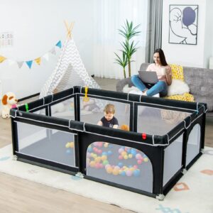 GLACER Baby Playpen 81"x59", Extra Large Playard with Gate, Non-Slip Design Base, Indoor & Outdoor Kids Activity Center, Safety and Sturdy Play Yard Fence, Black