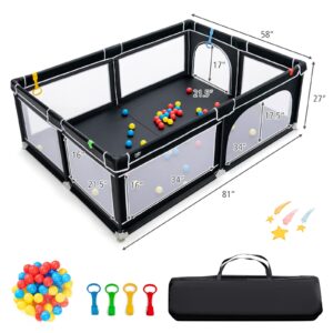 GLACER Baby Playpen 81"x59", Extra Large Playard with Gate, Non-Slip Design Base, Indoor & Outdoor Kids Activity Center, Safety and Sturdy Play Yard Fence, Black