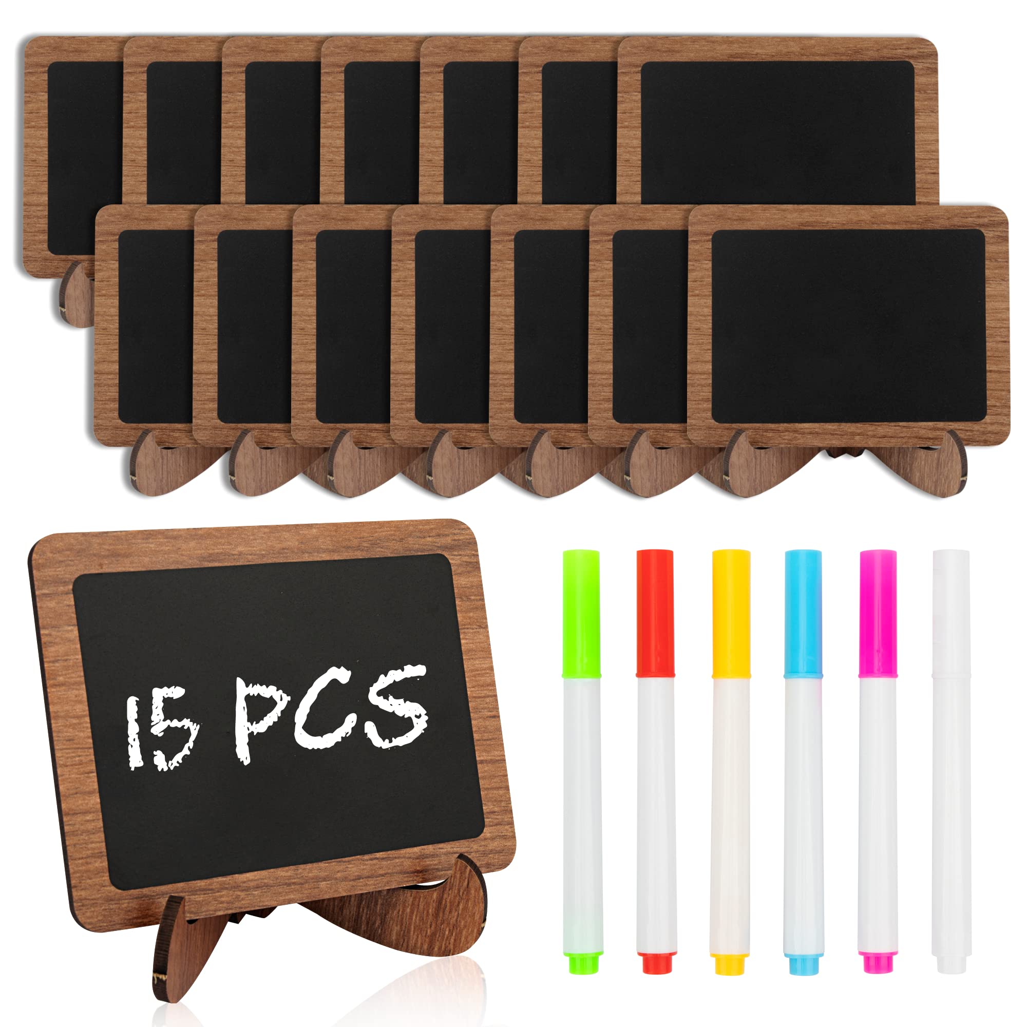 Temlum 15 Pcs Mini Chalkboard Sign with 6 Color Chalk Markers, 2.9″ x 3.9″ Wooden Blackboard Reusable Small Chalkboards for Food, Buffet, Parties, Message Boards, Table Numbers