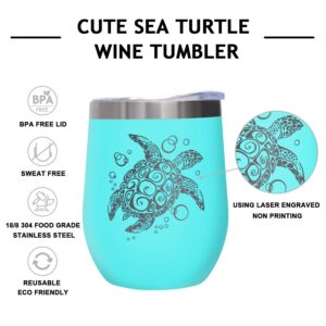 Shinlar Sea Turtle Gifts for Women - Sea Turtle Insulated Tumbler with Lid,Beach Gifts for Women Friends, Ocean Coastal Turtle Gifts Ideas for Turtle Lovers,Mom - 12oz Wine Tumbler Coffee Mug Teal