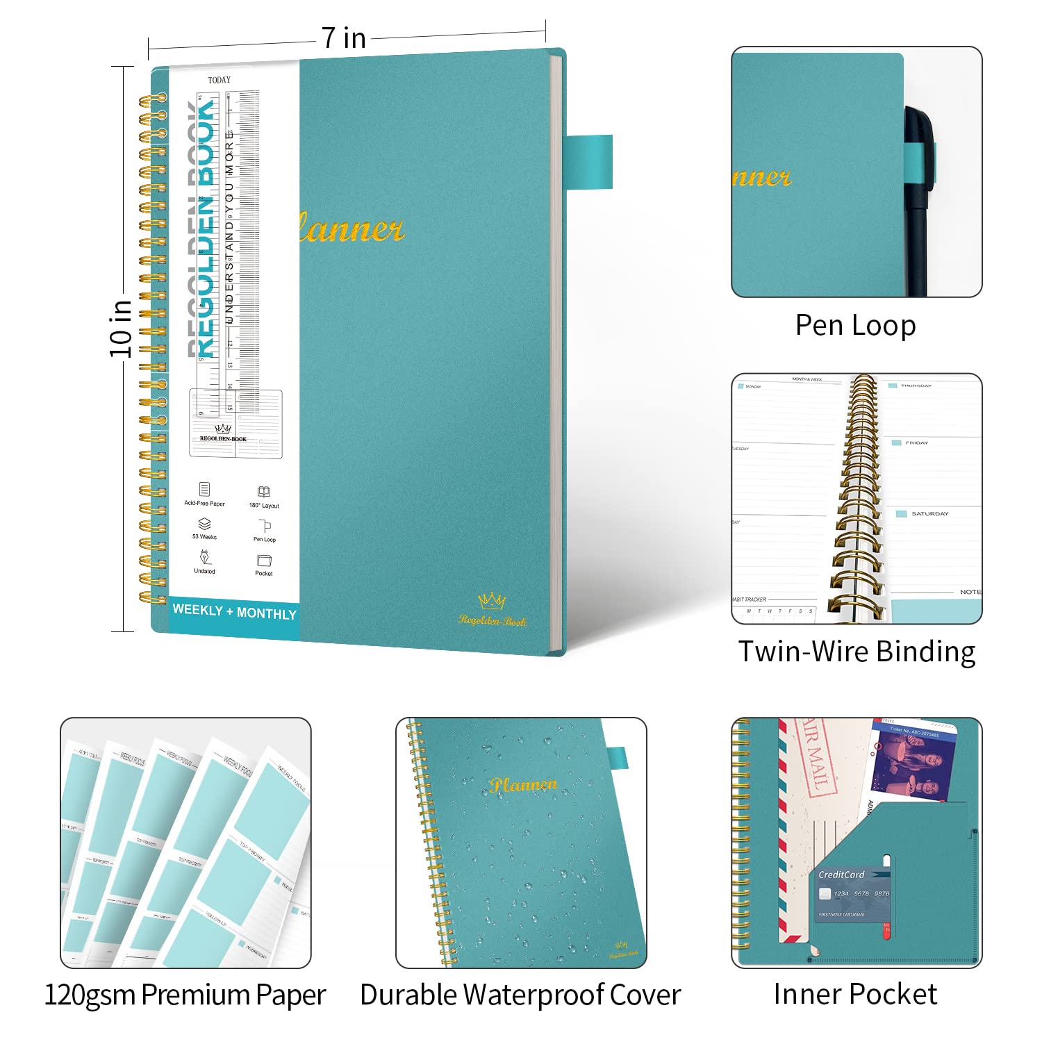 Weekly & Monthly Planner Undated Academic Planner Yearly Planner with Schedule 12 Month Life Journal Organizers Notebook Twin-Wire Binding Flexible Cover Pocket Pen Loop 53 Weeks (7" x 10")