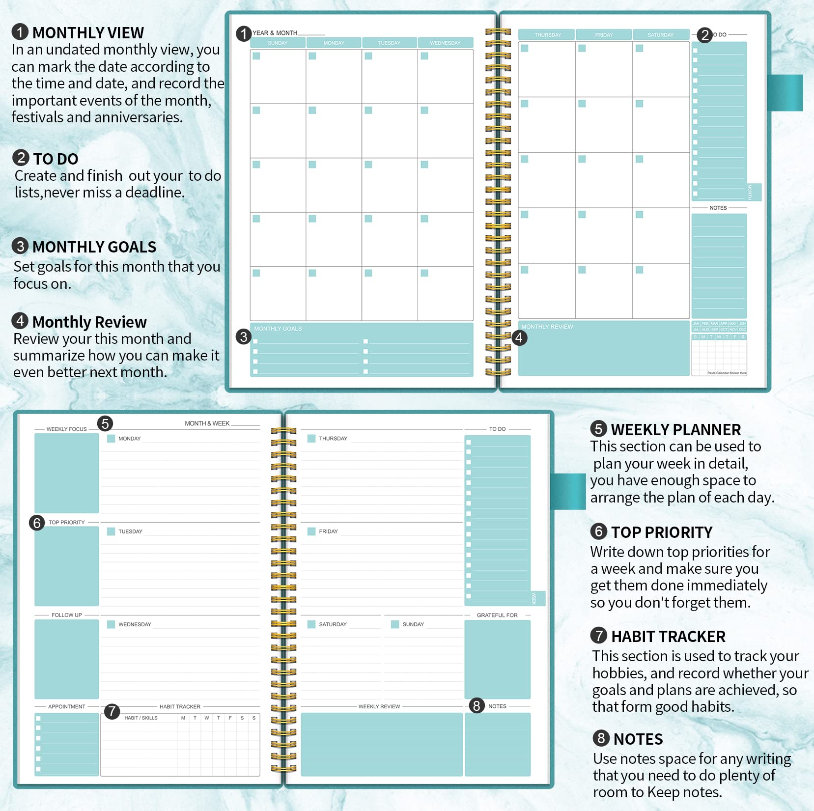 Weekly & Monthly Planner Undated Academic Planner Yearly Planner with Schedule 12 Month Life Journal Organizers Notebook Twin-Wire Binding Flexible Cover Pocket Pen Loop 53 Weeks (7" x 10")