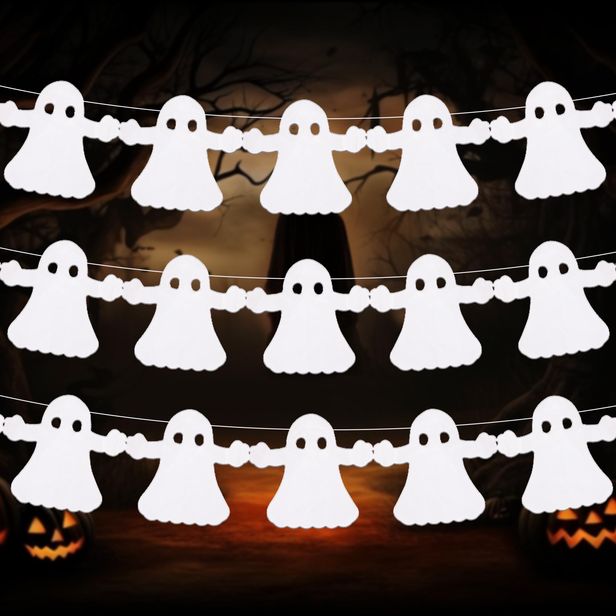 KatchOn, Long Halloween Ghost Garland - 10 Feet, No DIY Need | White Halloween Ghost Banner Garland for Halloween Party Decorations Indoor | Halloween Paper Ghost Garland for Ghost Halloween Decor