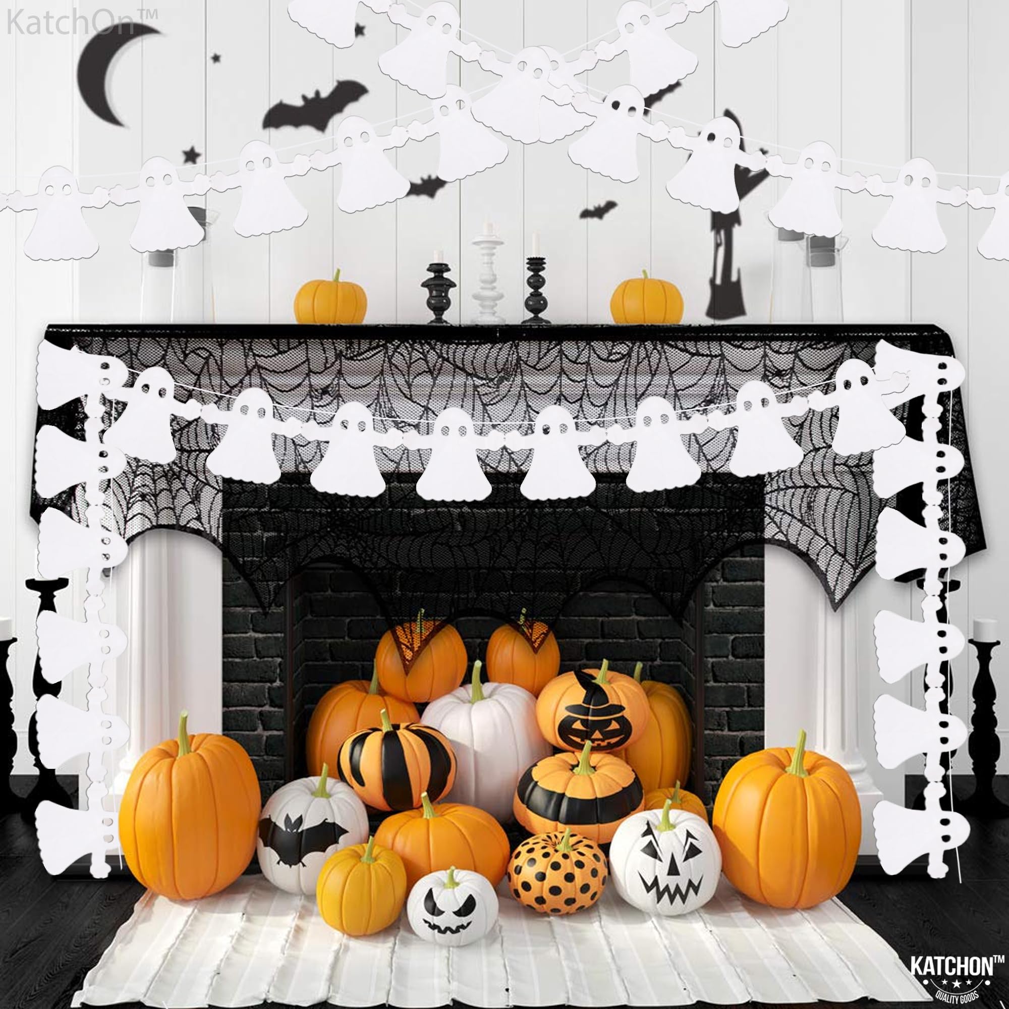 KatchOn, Long Halloween Ghost Garland - 10 Feet, No DIY Need | White Halloween Ghost Banner Garland for Halloween Party Decorations Indoor | Halloween Paper Ghost Garland for Ghost Halloween Decor