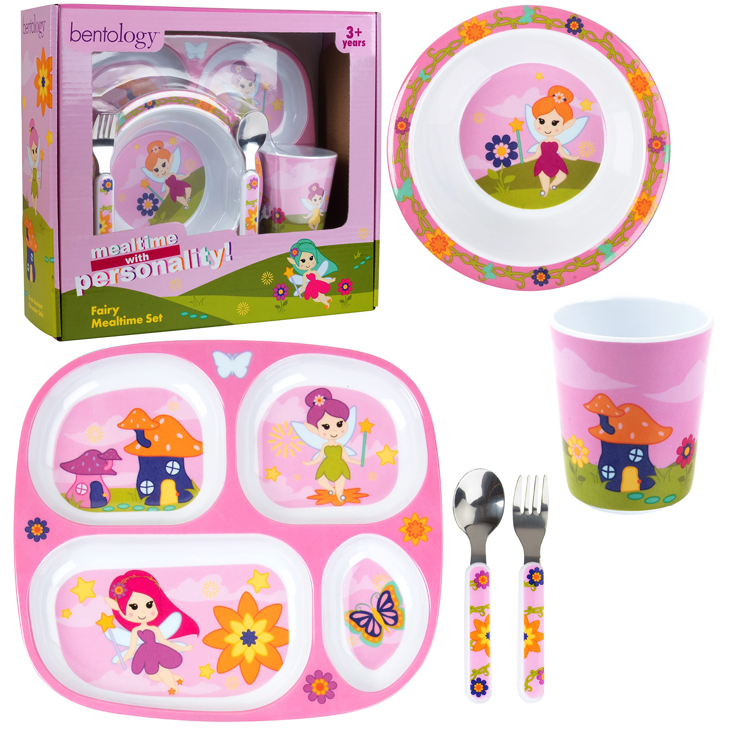 Bentology 5-Piece Construction Theme Mealtime Set - Includes Plate, Bowl, Utensils, and Glass - Dishwasher Safe, BPA Free, Cute Compartment Dish for Easy Self-Feeding