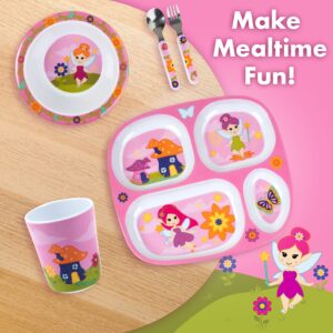 Bentology 5-Piece Construction Theme Mealtime Set - Includes Plate, Bowl, Utensils, and Glass - Dishwasher Safe, BPA Free, Cute Compartment Dish for Easy Self-Feeding