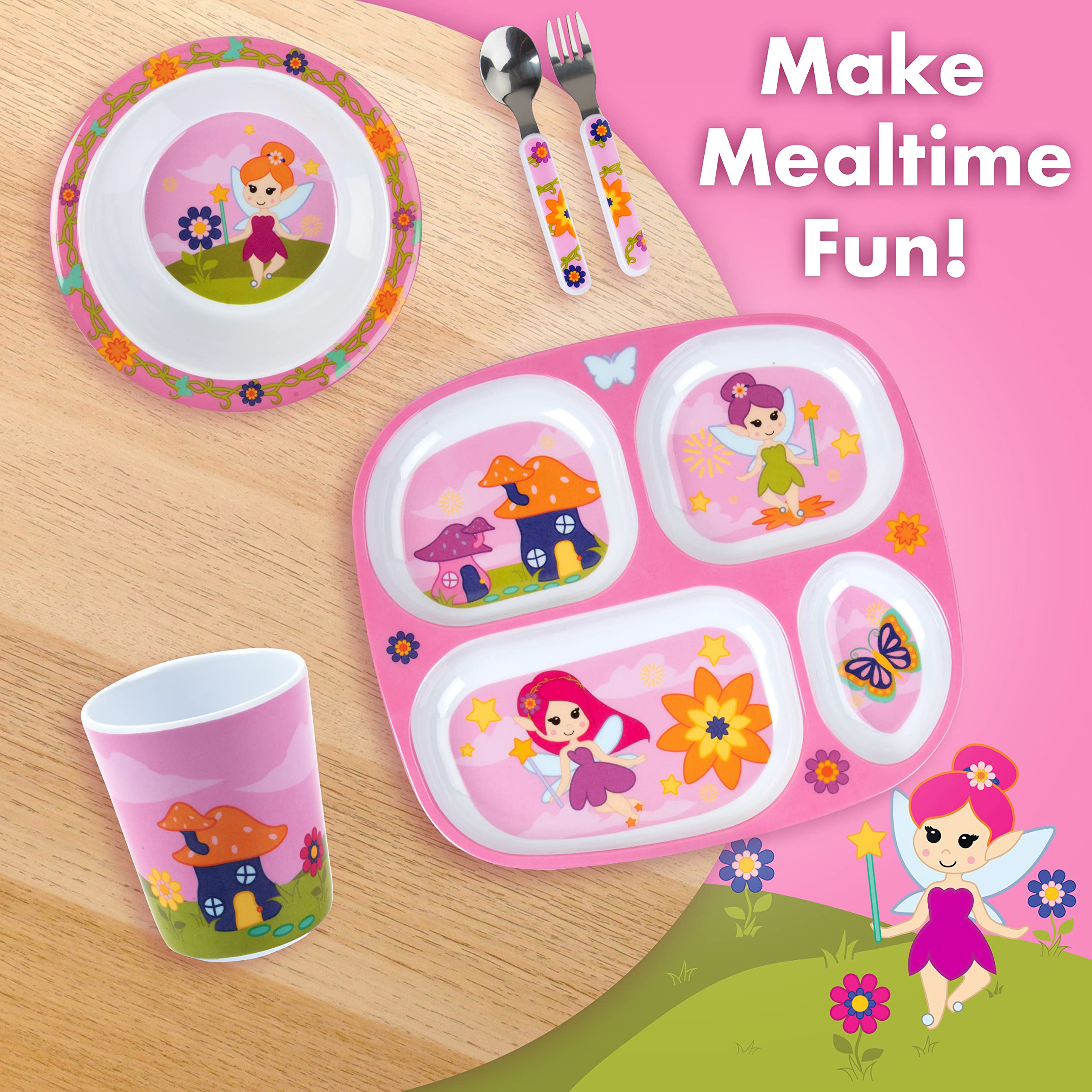 Bentology 5-Piece Construction Theme Mealtime Set - Includes Plate, Bowl, Utensils, and Glass - Dishwasher Safe, BPA Free, Cute Compartment Dish for Easy Self-Feeding