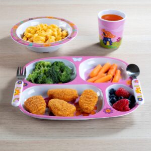 Bentology 5-Piece Construction Theme Mealtime Set - Includes Plate, Bowl, Utensils, and Glass - Dishwasher Safe, BPA Free, Cute Compartment Dish for Easy Self-Feeding