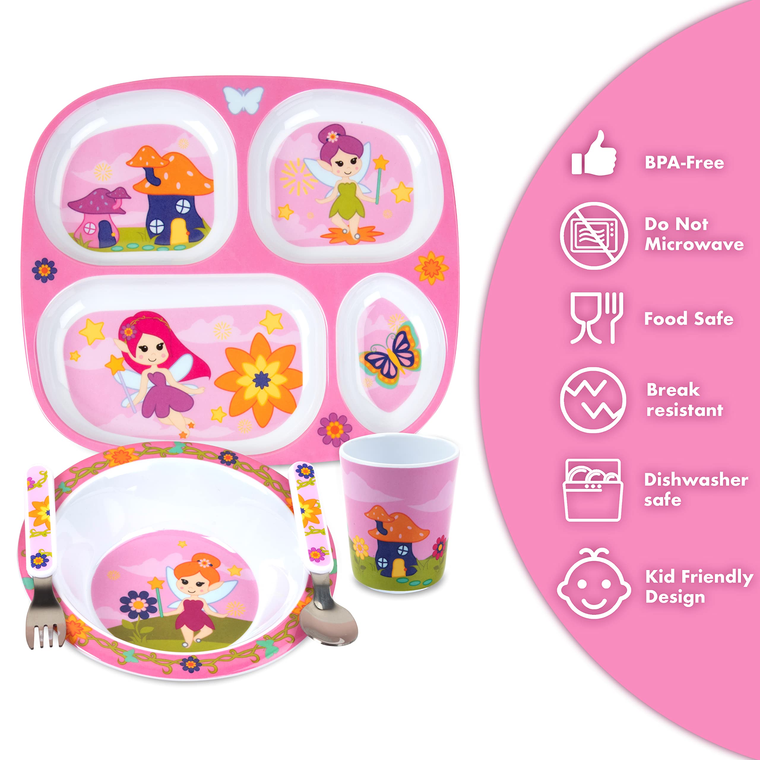 Bentology 5-Piece Construction Theme Mealtime Set - Includes Plate, Bowl, Utensils, and Glass - Dishwasher Safe, BPA Free, Cute Compartment Dish for Easy Self-Feeding