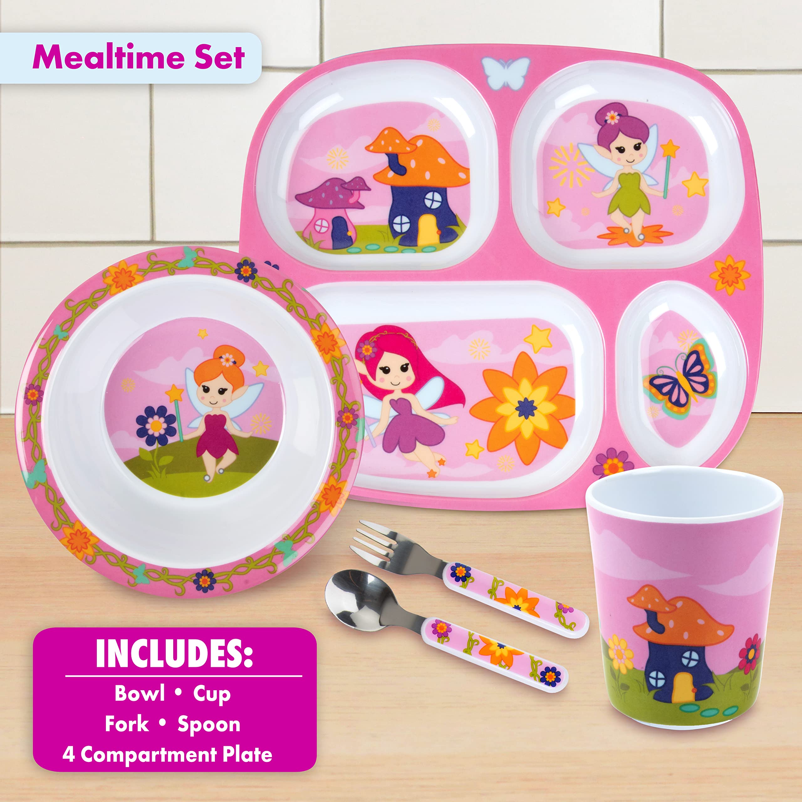 Bentology 5-Piece Construction Theme Mealtime Set - Includes Plate, Bowl, Utensils, and Glass - Dishwasher Safe, BPA Free, Cute Compartment Dish for Easy Self-Feeding