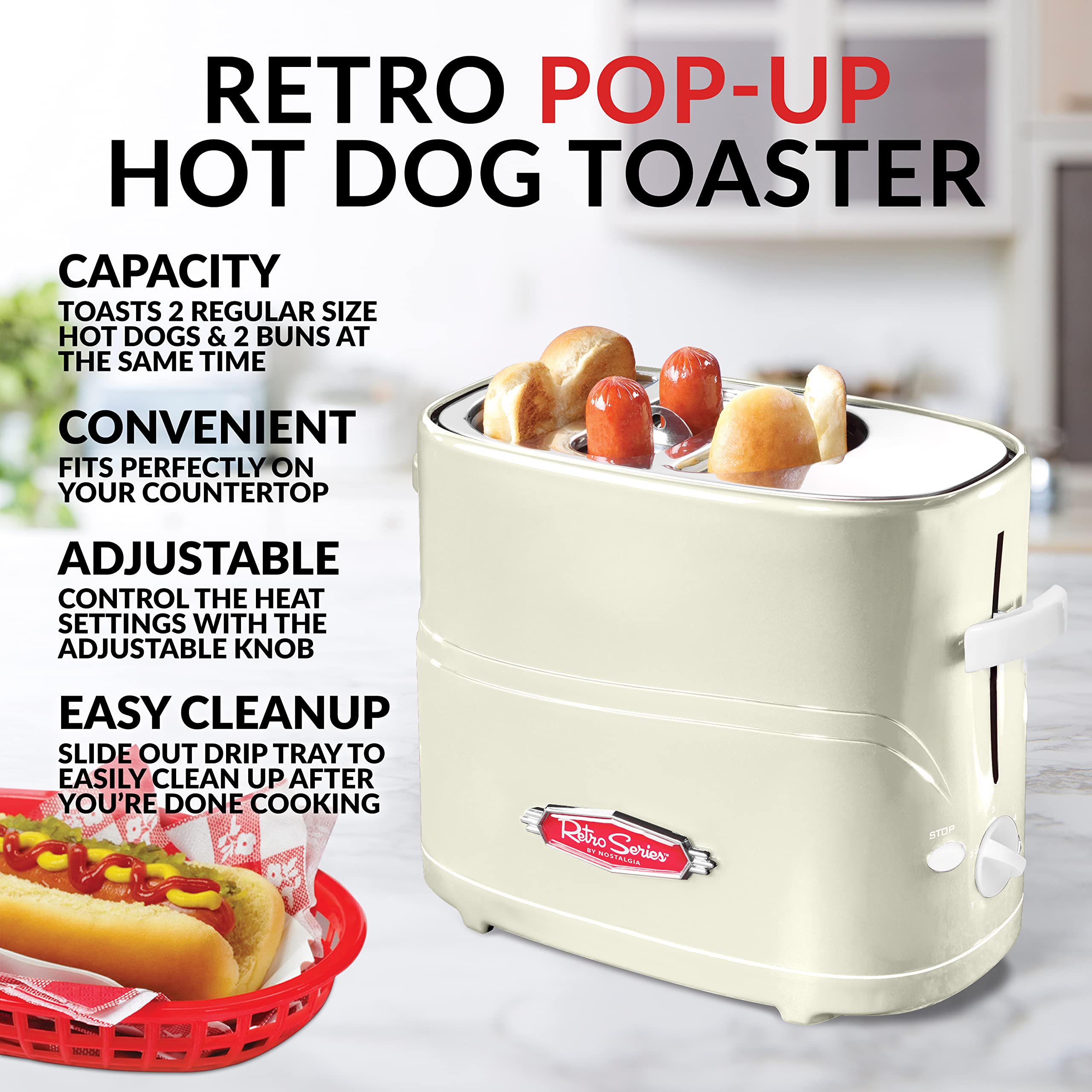 Nostalgia 2 Slot Hot Dog and Bun Toaster with Mini Tongs, Hot Dog Toaster Works with Chicken, Turkey, Veggie Links, Sausages and Brats