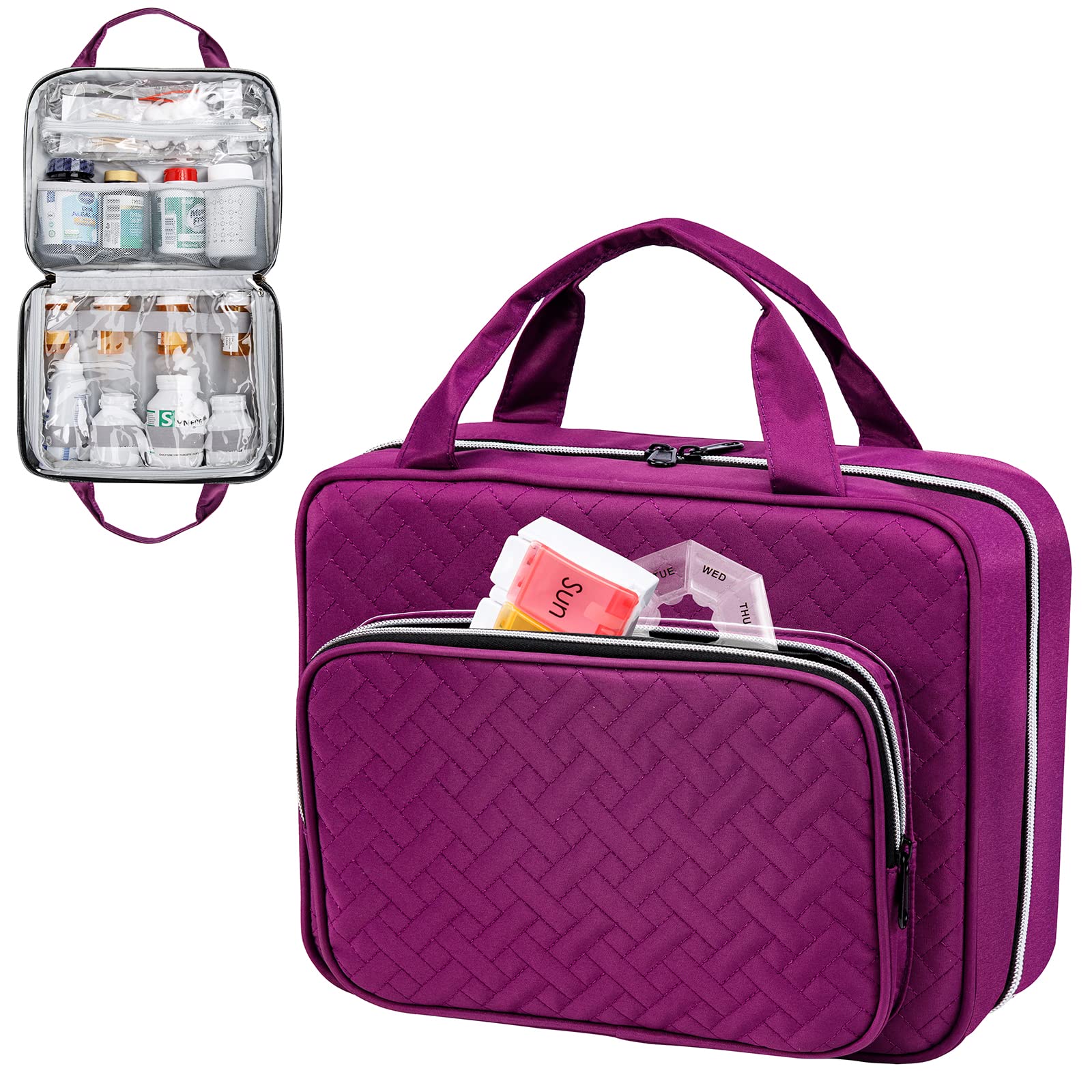 BAGSFY Medicine Bag for Traveling, Pill Bottle Organizer and Storage, Home Medication Bag, Vitamin Bottle Carrying Case Large Purple (Comes with Weekly Pill Organizer)