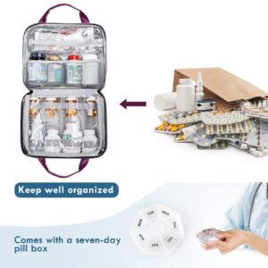 BAGSFY Medicine Bag for Traveling, Pill Bottle Organizer and Storage, Home Medication Bag, Vitamin Bottle Carrying Case Large Purple (Comes with Weekly Pill Organizer)