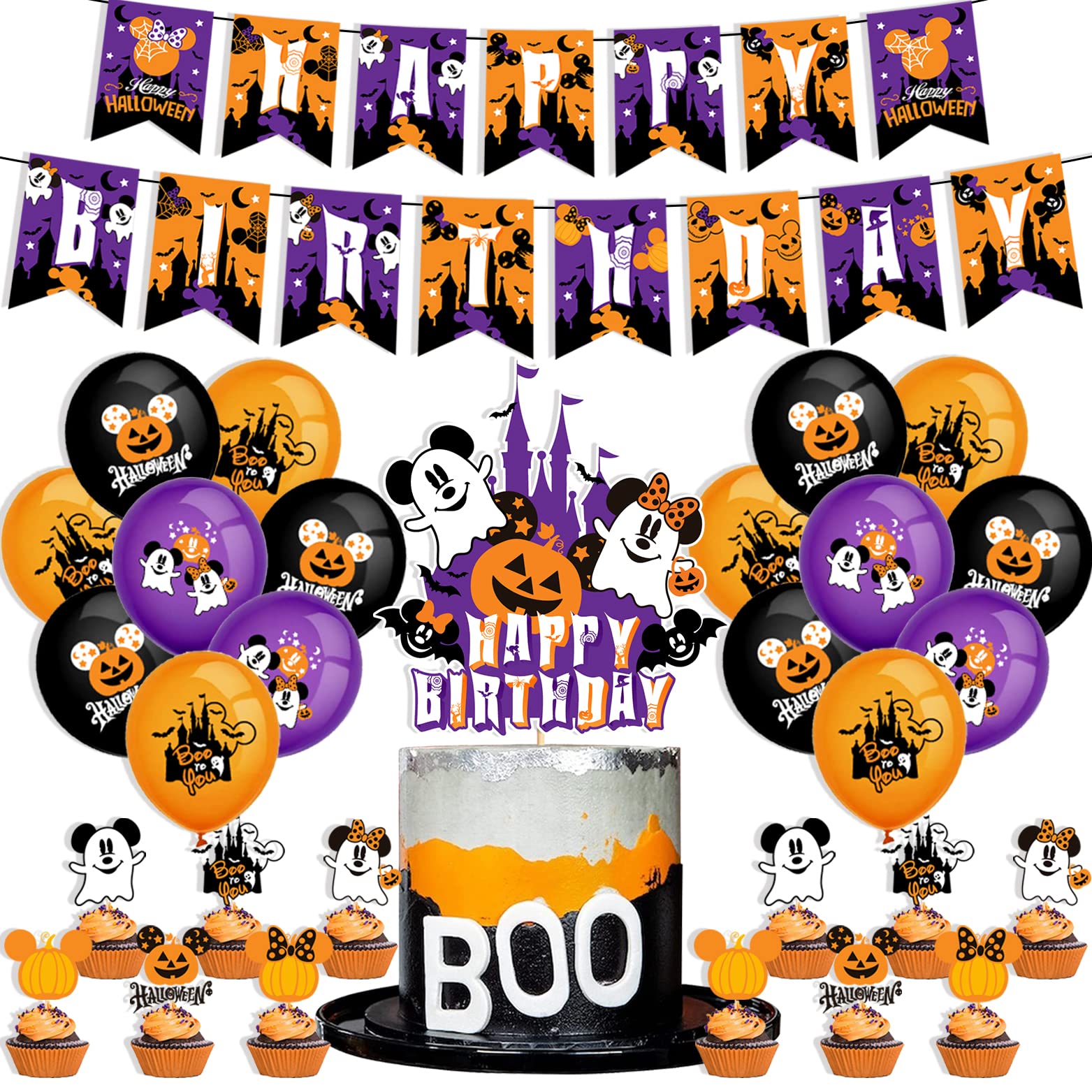 Halloween Birthday Party Supplies,Halloween Decorations Set Include Banner, Balloons, Cake Toppers and Cupcake Toppers for Boys and Girls Birthday Party