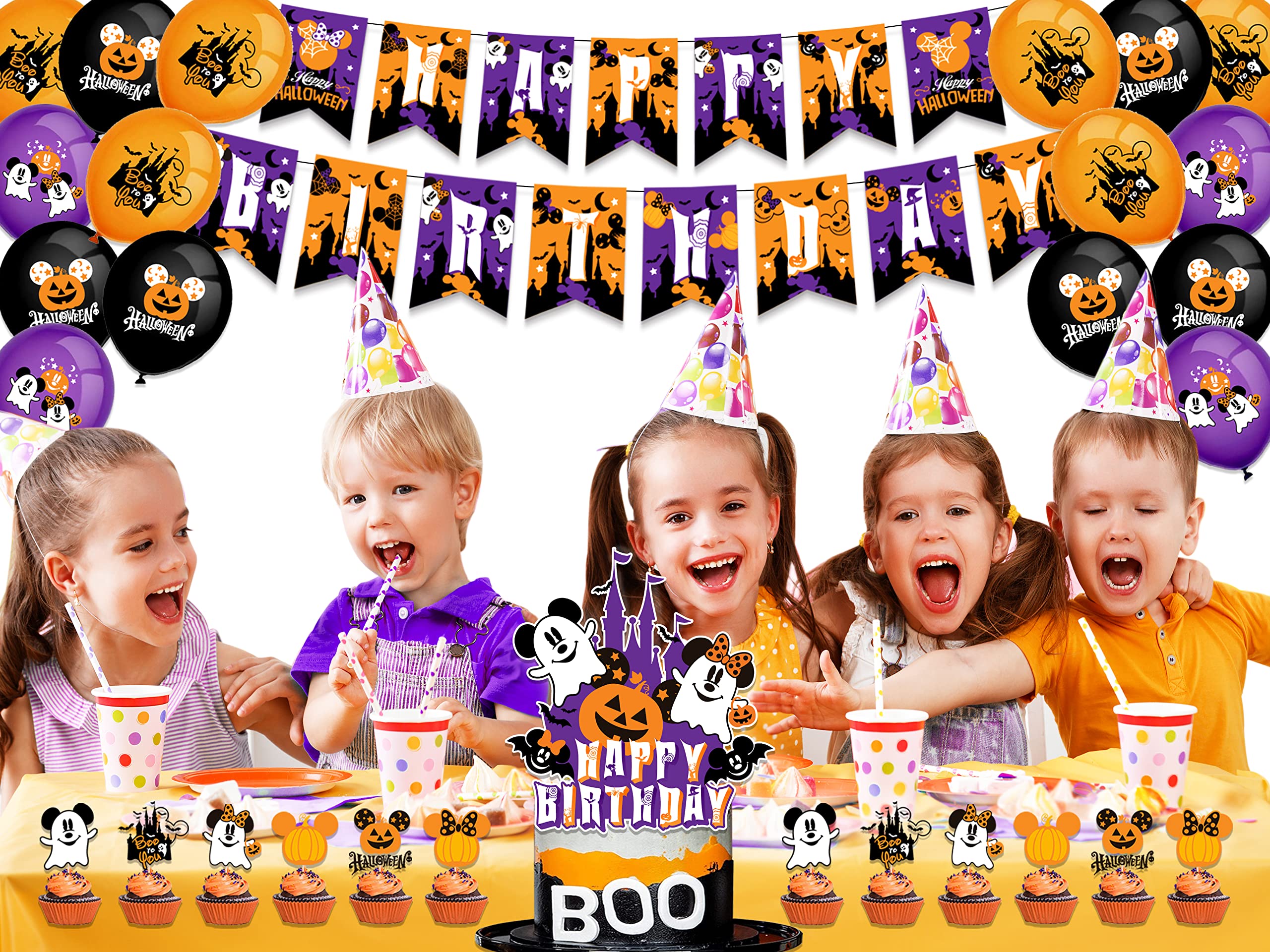 Halloween Birthday Party Supplies,Halloween Decorations Set Include Banner, Balloons, Cake Toppers and Cupcake Toppers for Boys and Girls Birthday Party