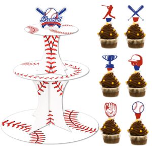 baseball birthday cupcake stand with 24pcs cupcake toppers for sports ball theme party decorations 3 tire baseball birthday cupcake dessert holder for baseball baby shower party decor supplies