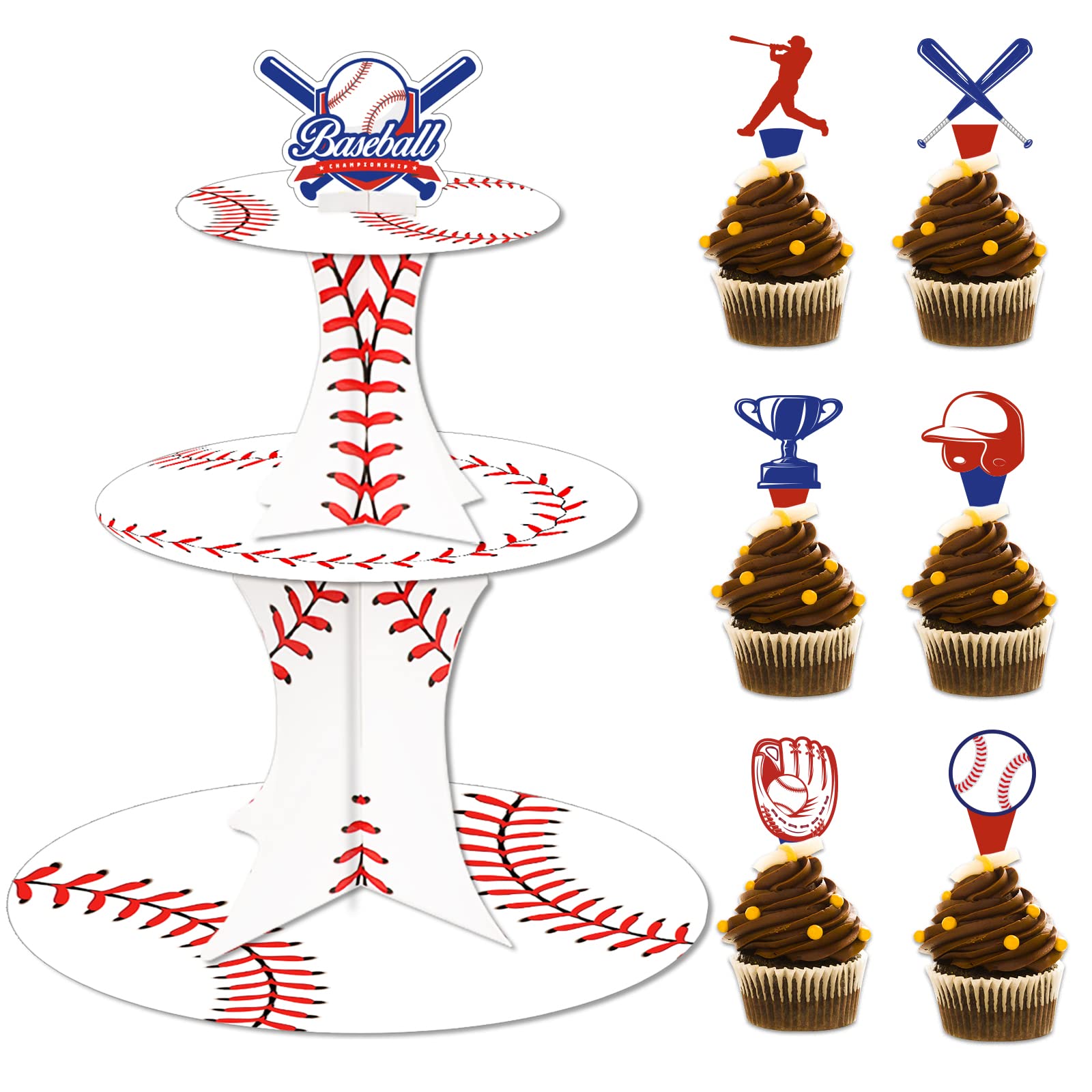 Baseball Birthday Cupcake Stand with 24pcs Cupcake Toppers for Sports Ball Theme Party Decorations 3 Tire Baseball Birthday Cupcake Dessert Holder for Baseball Baby Shower Party Decor Supplies