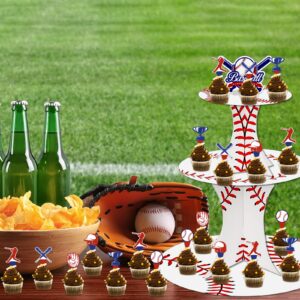 Baseball Birthday Cupcake Stand with 24pcs Cupcake Toppers for Sports Ball Theme Party Decorations 3 Tire Baseball Birthday Cupcake Dessert Holder for Baseball Baby Shower Party Decor Supplies