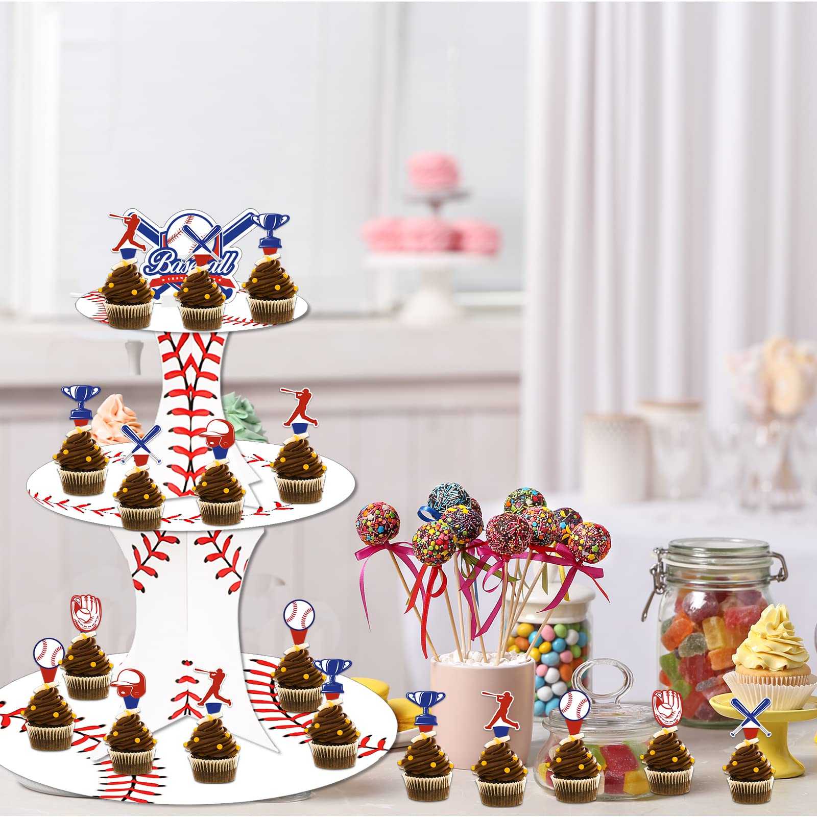 Baseball Birthday Cupcake Stand with 24pcs Cupcake Toppers for Sports Ball Theme Party Decorations 3 Tire Baseball Birthday Cupcake Dessert Holder for Baseball Baby Shower Party Decor Supplies