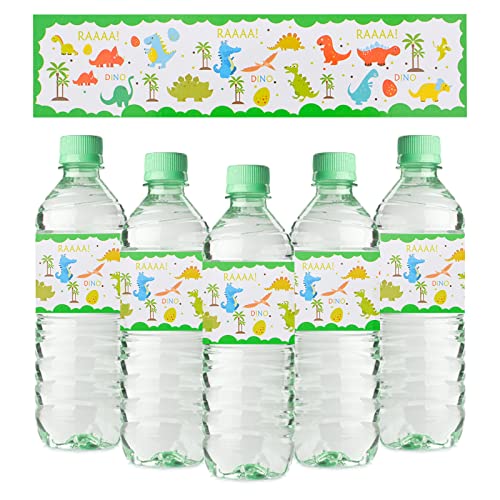 URROMA 48 Pcs Dinosaur Baby Shower Water Bottle Labels Waterproof Water Bottle Wrappers Green Animal Water Bottle Stickers Baby Shower Bottle Wraps Decorations for Birthday Party