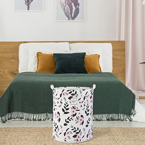 Large Foldable Laundry Basket Hamper Holder Portable Tall Collapsible Laundry Hamper Nusery Storage Basket Bin with Handles, Canvas & Waterproof lining for Household Items (Floral Pink)