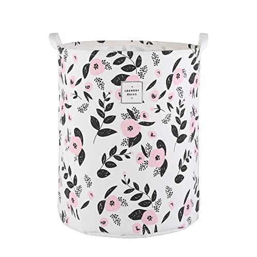 Large Foldable Laundry Basket Hamper Holder Portable Tall Collapsible Laundry Hamper Nusery Storage Basket Bin with Handles, Canvas & Waterproof lining for Household Items (Floral Pink)