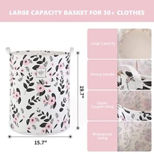 Large Foldable Laundry Basket Hamper Holder Portable Tall Collapsible Laundry Hamper Nusery Storage Basket Bin with Handles, Canvas & Waterproof lining for Household Items (Floral Pink)